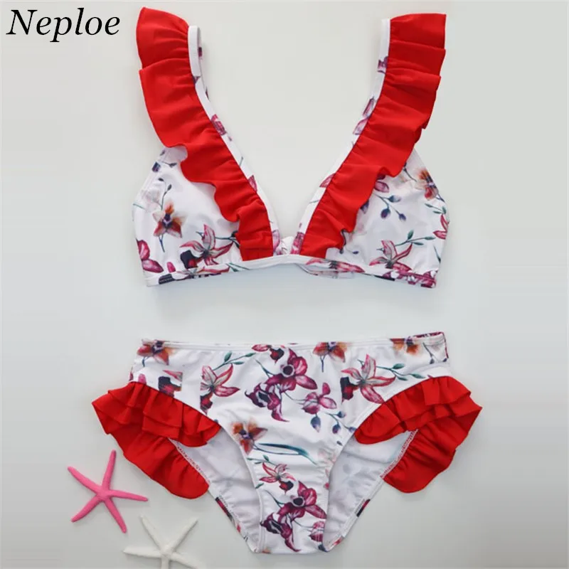 Neploe Ruffles patchwork impresión bikiní de las mujeres nuevas llegadas europeas sexy traje de ...