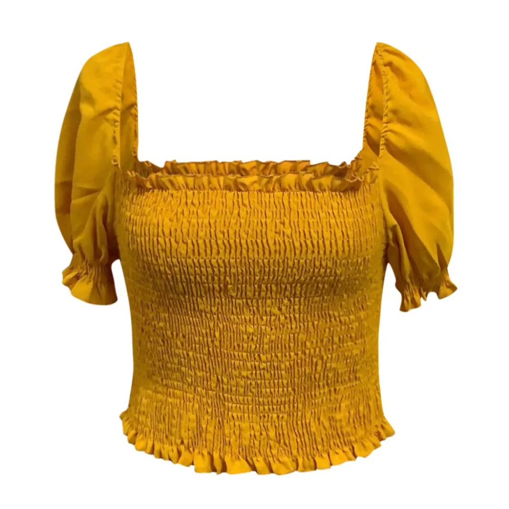 Fashion Elastic Waist Puff Sleeve Blouse Women Square Collar Ruffles