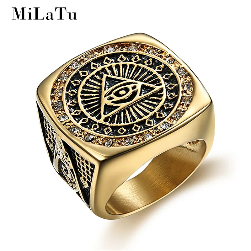 MiLaTu Large Heavy Eyes of Evil Rings Stainless Steel Masonic Ring Male ...