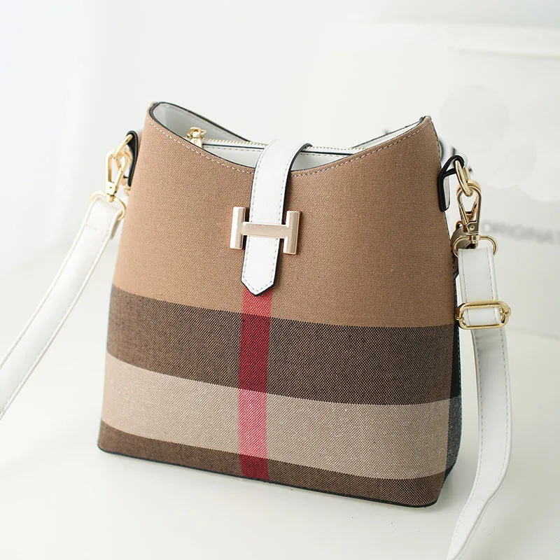Khaki And White Designer Plaid Handbags | semashow.com