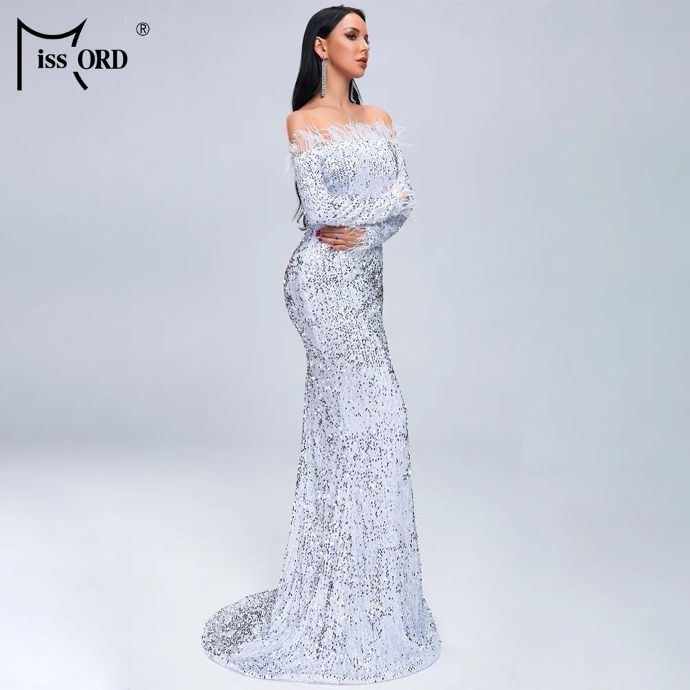 Free Shipping 2019 Sexy Off Shoulder Feather Longsleeve Sequin Floor