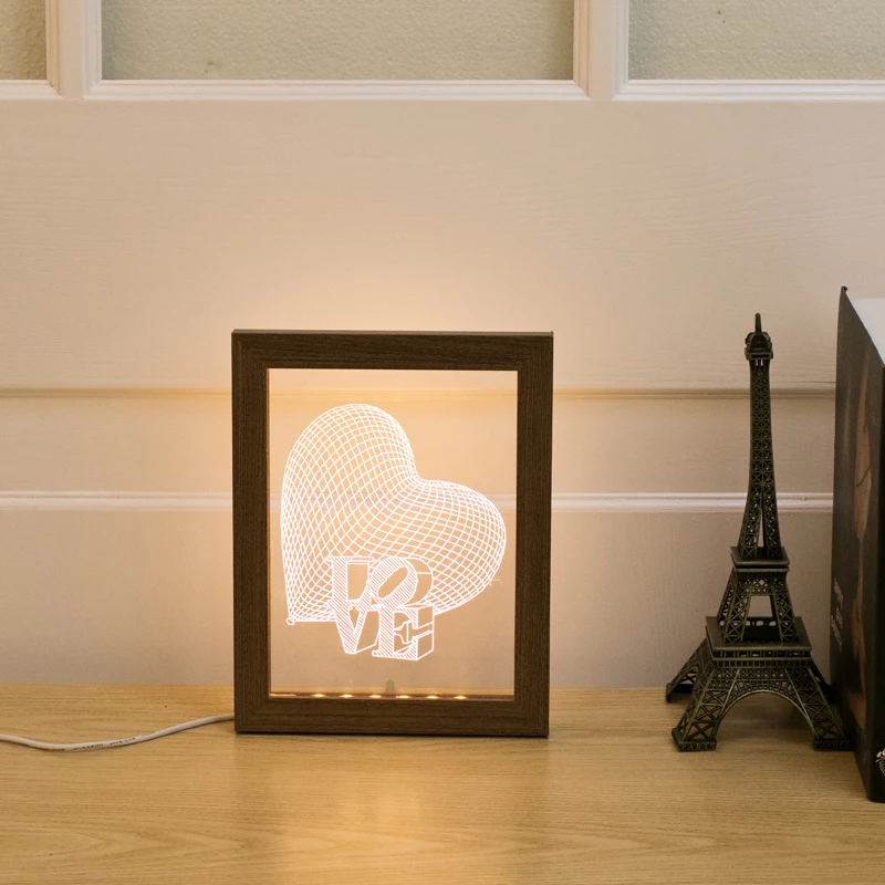 Love Heart Patterns Wood Frame Small 3D Night Light Creative Acrylic ...