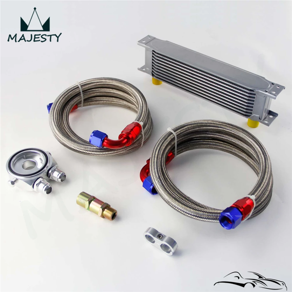 10 Row AN10 Universal Engine Oil Cooler w/ Oil Lines + 3/4*16 UNF ...