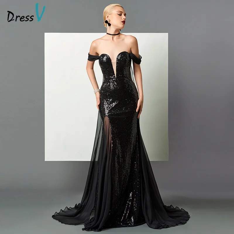Dressv black mermaid long evening dress watteau train sexy off the ...