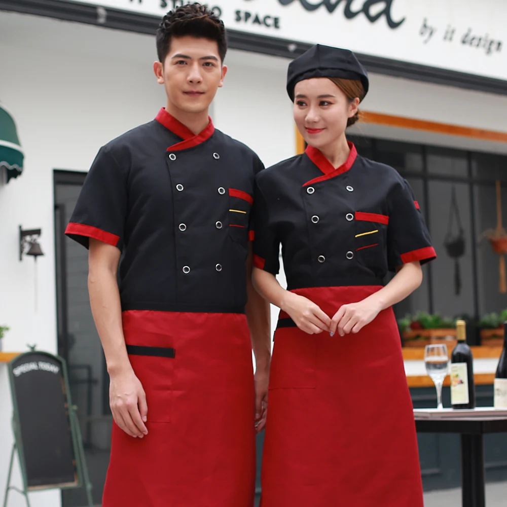 Men Women Double Breasted Short Sleeve Stitching Color Kitchen ...