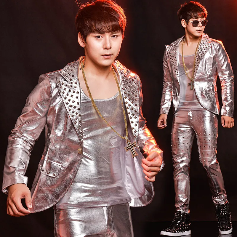 New Fashion Men Jazz Dance Costumes Rock Silvery 3 Pieces Set Wear Man ...