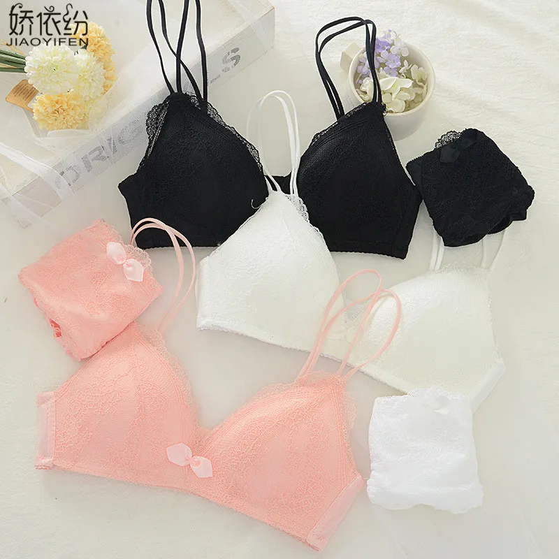 New Wire Free Underwear Sexy Lace Women Triangle Cup Bra Set Thin ...