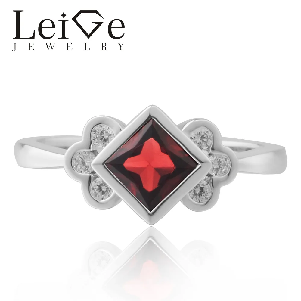 Leige Jewelry Natural Garnet Ring Square Cut Red Gemstone Engagement ...