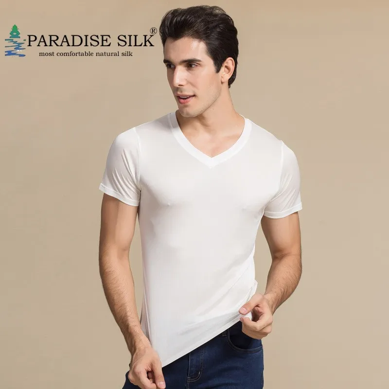 Men Basic T Shirt 100% Pure Silk Knitted Mens V Neckline Short Sleeves Solid Size L XL XXL XXXL ...