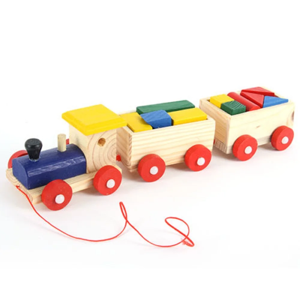 Children Wooden Toys Train Pull Car Along Loaded DIY Blocks Toy Set For ...