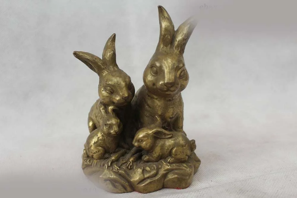 5"Chinese Folk Fengshui Bronze Zodiac Year Money drawing Four rabbit ...