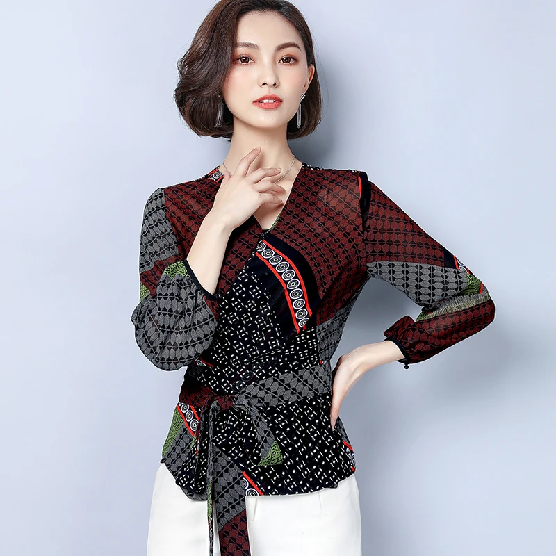 Elegant Autumn Chiffon Blouse Shirt Printed Women Blouse Nine Quarter ...
