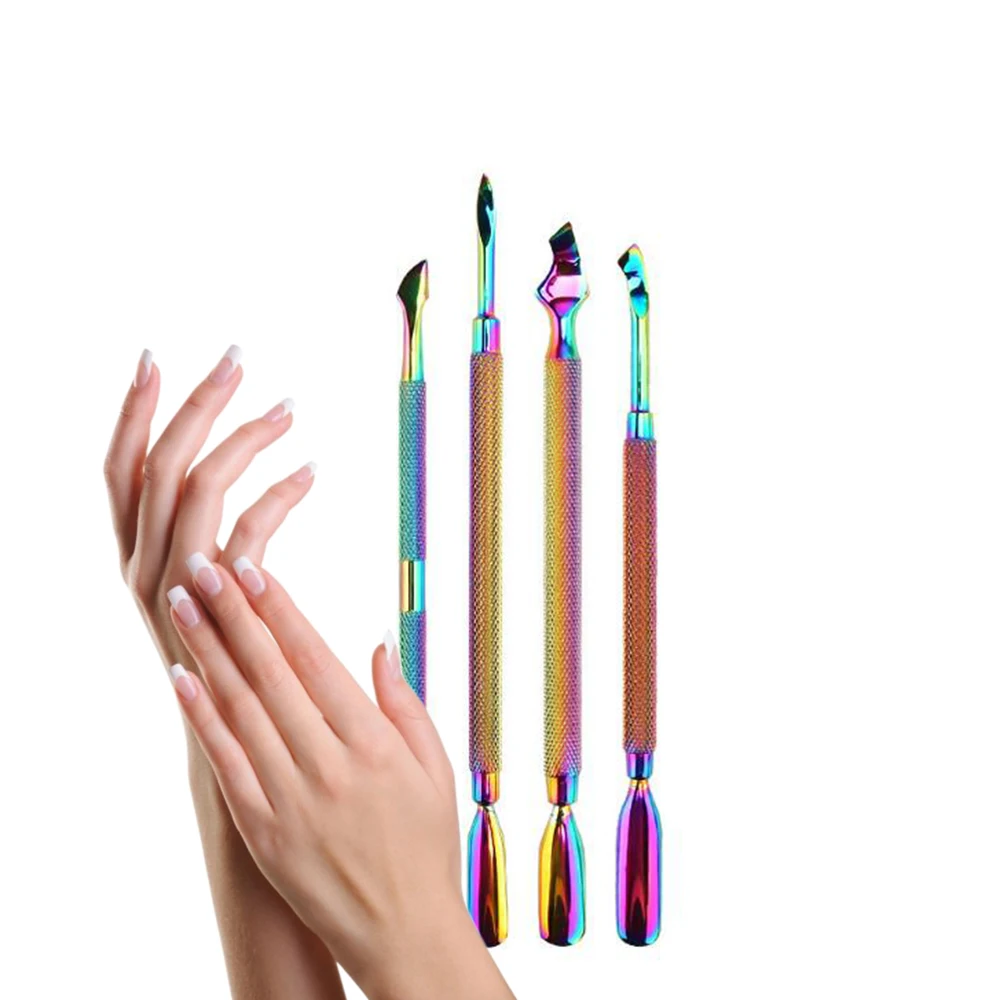 4 Pcs Dual ended Cuticle Pusher Set Remover Rainbow Stainless Steel ...
