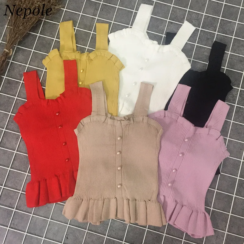 Nepole Fake Pearl Beading Ruffles Summer Crop Top 2020 Vintage Sweet ...