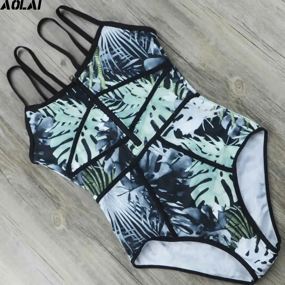 Zipper One Piece Swimsuit Patchwork Swimwear Women 2017 Leaf Print