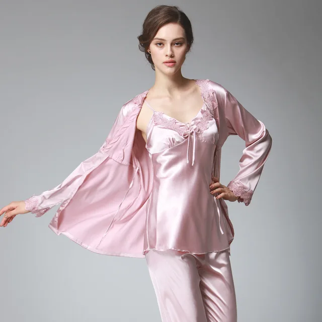 Plus Size Women Silk Satin Pajamas Pajamas Set Long Sleeve Sleepwear