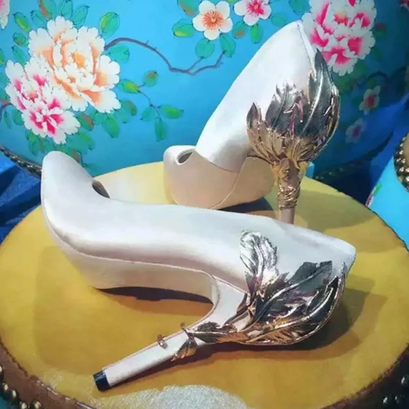 Luxury Designer Satin High Heels Pointed Toe Women Pumps Carving Leaves ...