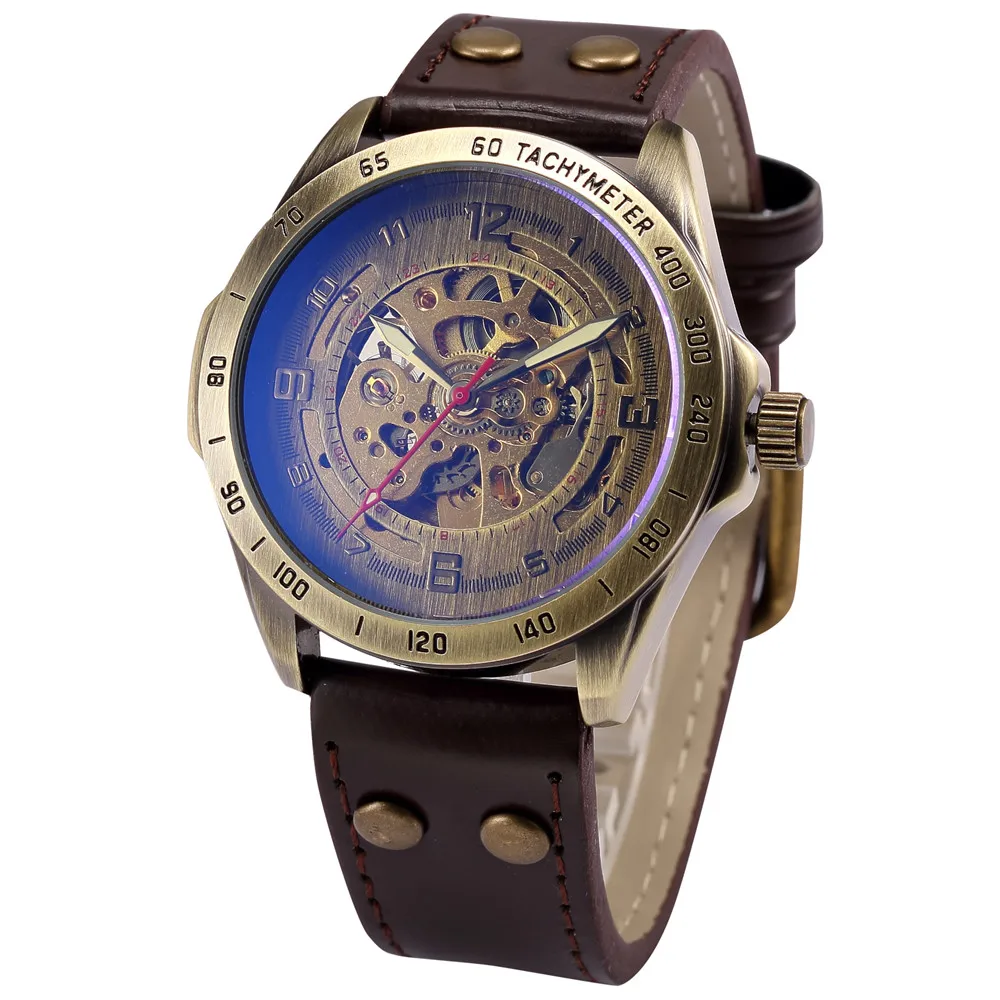 SHENHUA Men Retro Bronze Case Male Wristwatch Skeleton Mechanical Watch ...