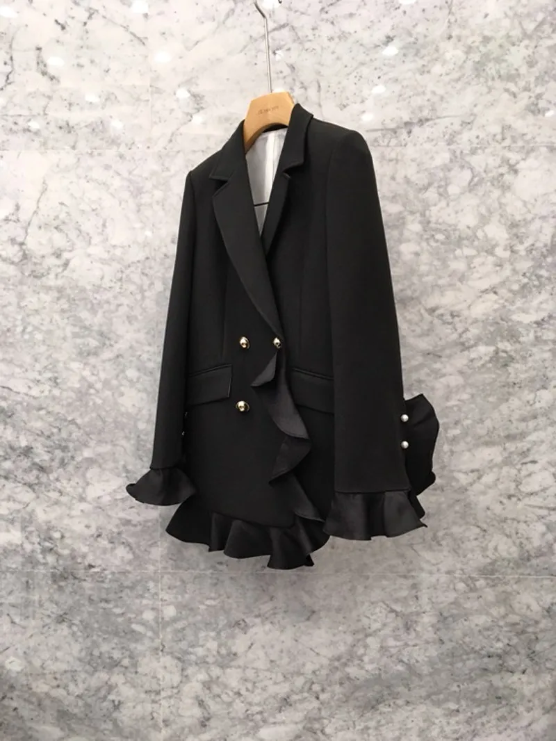 2019 New Fashion Women Pearl Long Blazers Ruffles Double Breasted Solid