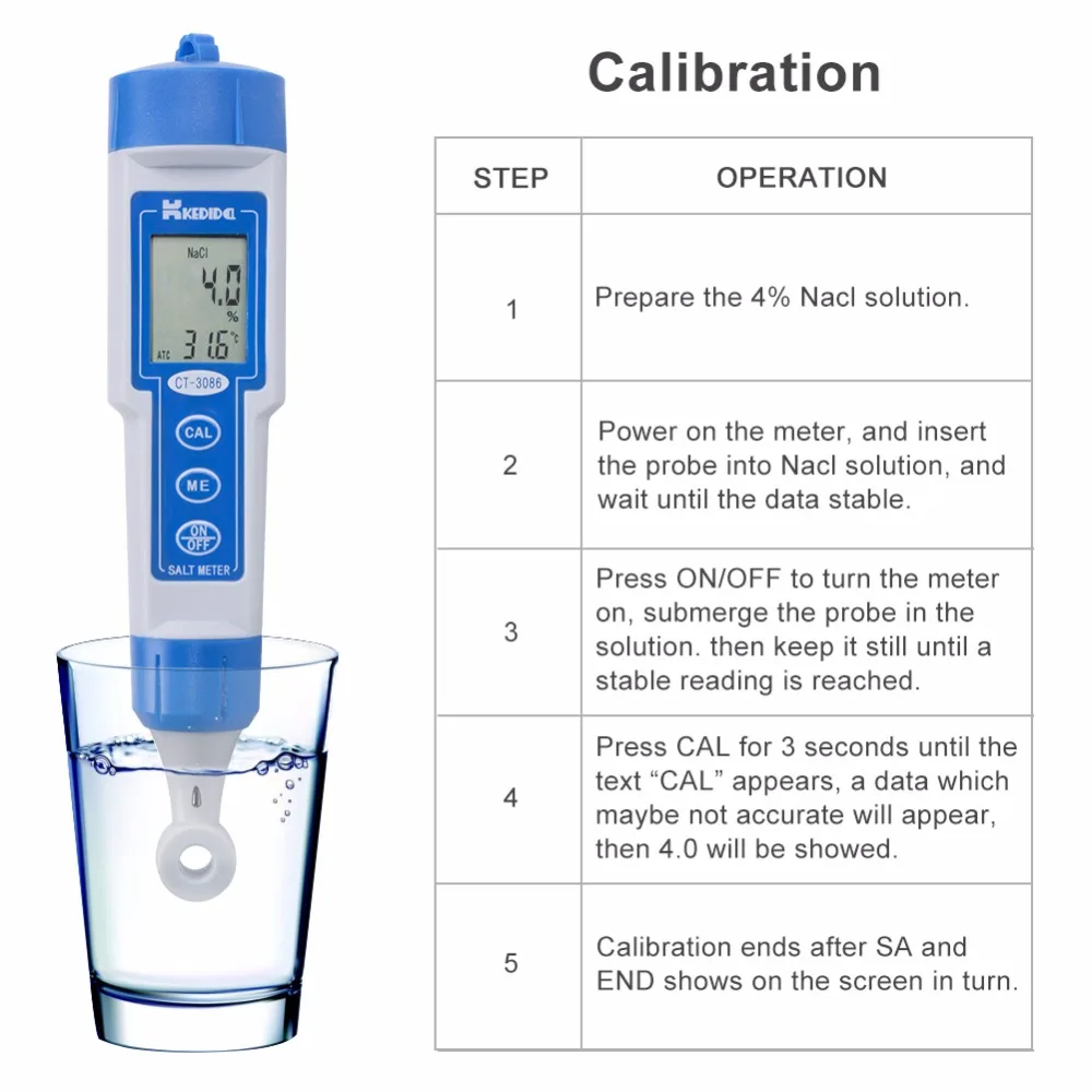 CT-3086 Salt Meter Water Salinity Tester Pen Type Digital Salinometer ...