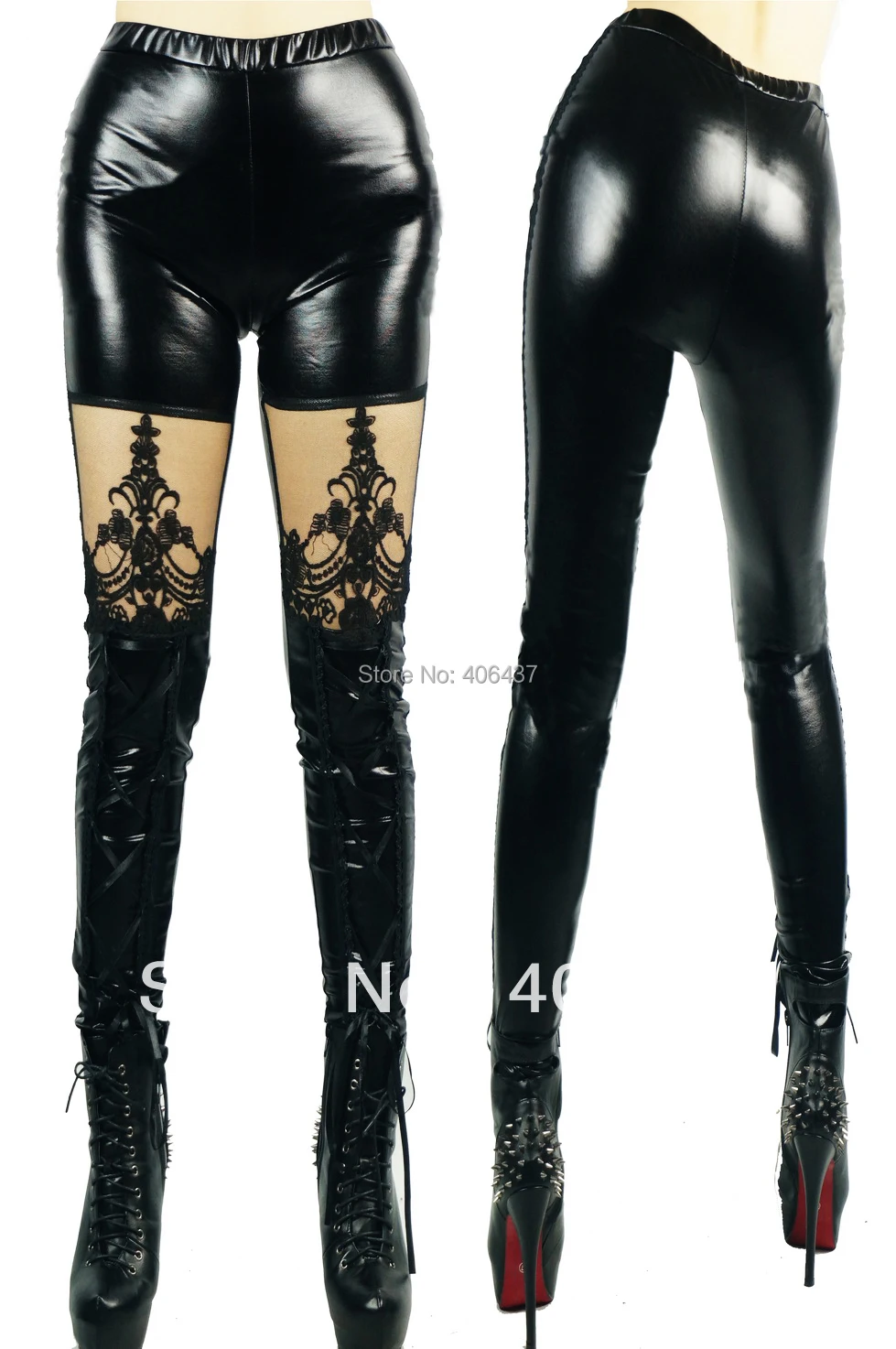 2015 New Women Sexy Lace Faux Leather Black Lace Up Leggings Vintage Wet Look Clubwear Fashion