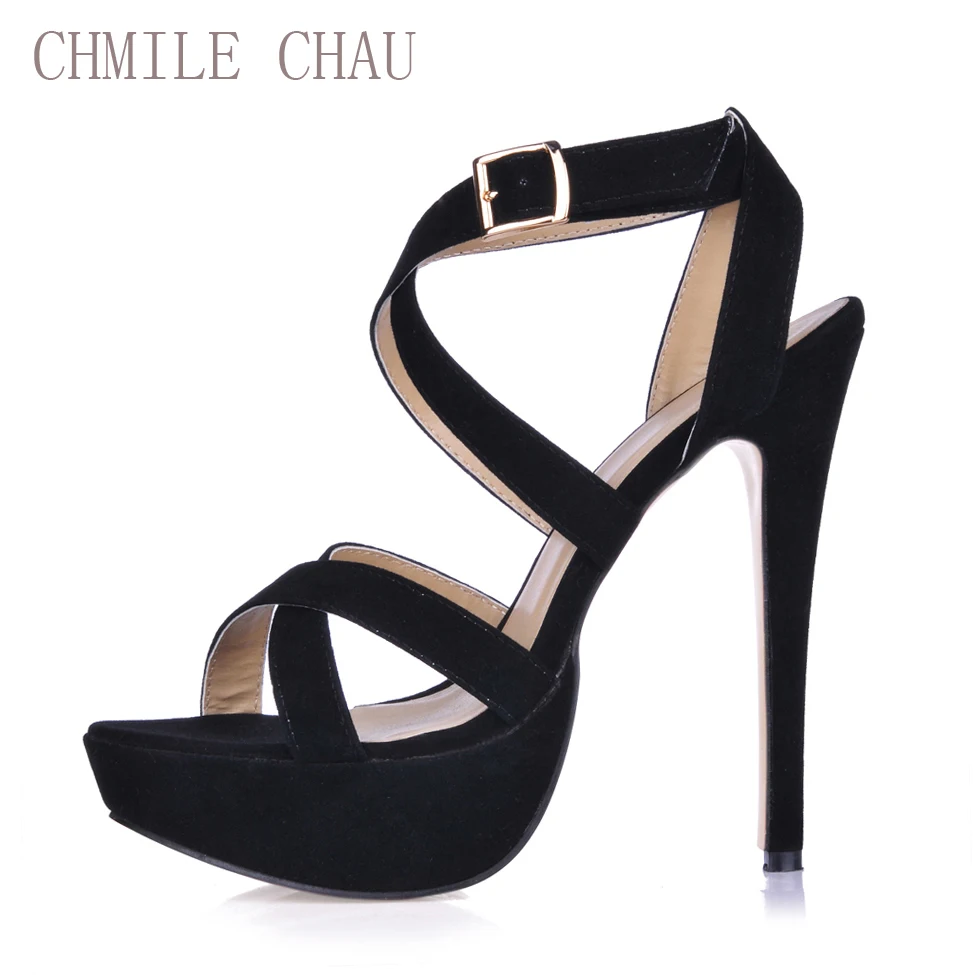 Chmile Chau Black Suede Sexy Party Shoe Women Stiletto High Heels Buckle Strap Platform Rome