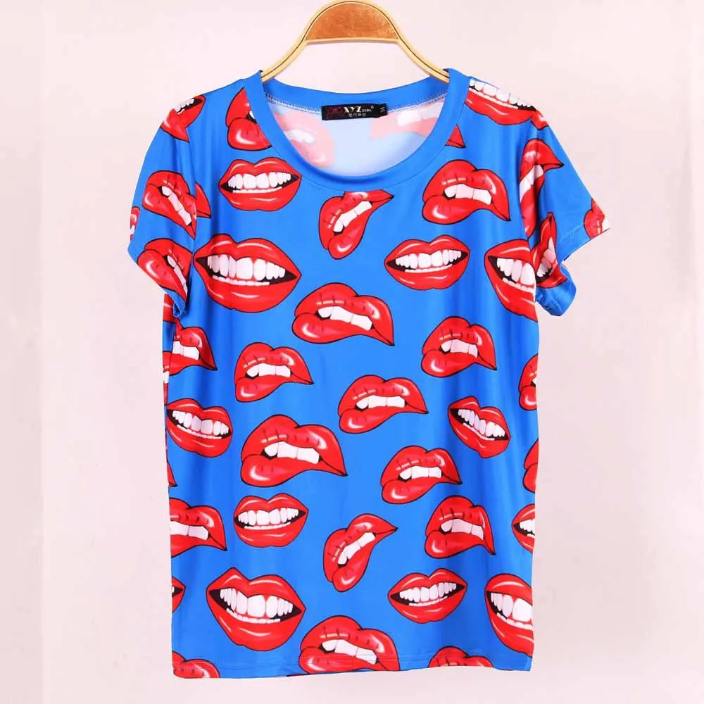 Free Shipping Casual Women Kiss Red Lips Printed T Shirt Summer Short Sleeve Stretch Plus Size T