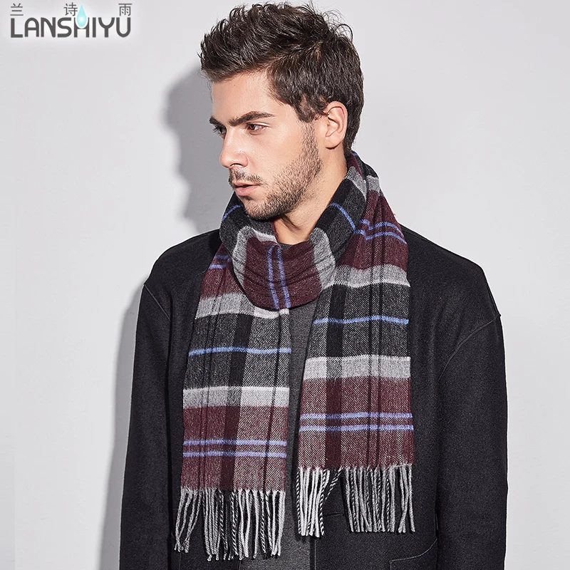 100% Lamb Wool Plaid Male Scarf Men Luxury Brand Winter Wool Autumn ...