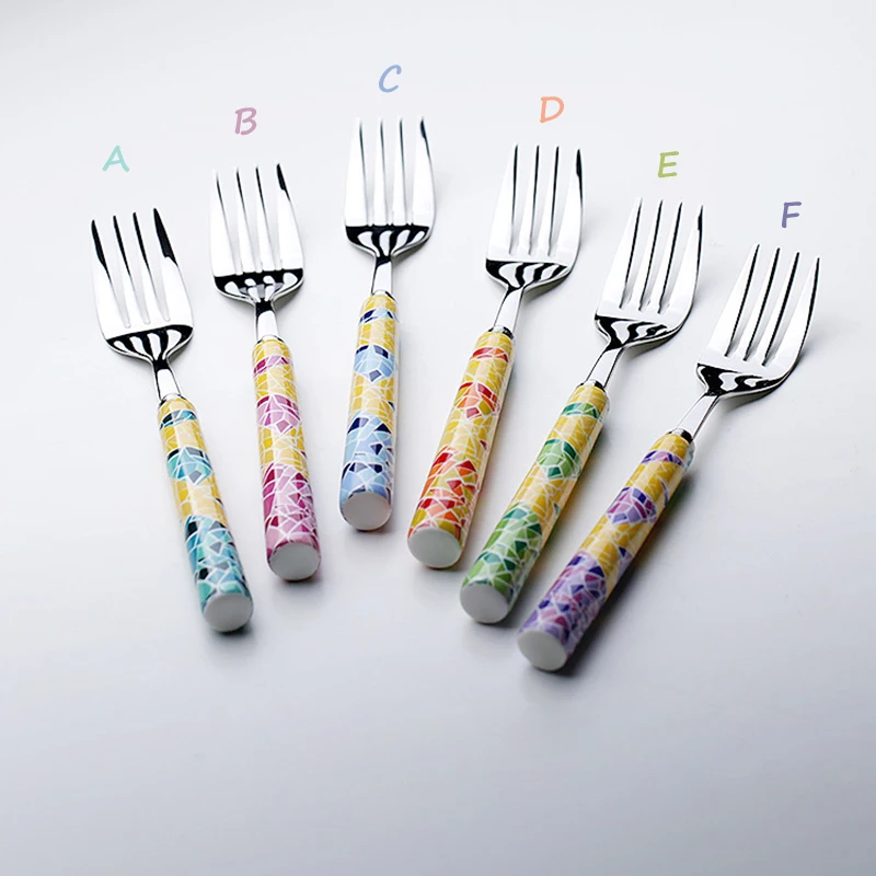 6Pcs Cybil Colorful Geometric Pattern Stainless Steel Fork with Ceramic ...
