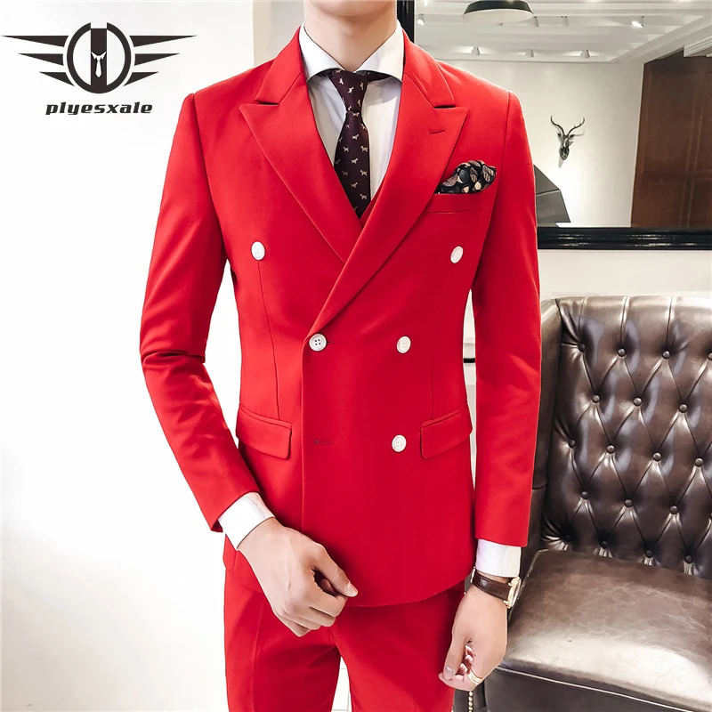 Plyesxale Men Double Breasted Suit Slim Fit Red Wedding Suits For Men ...