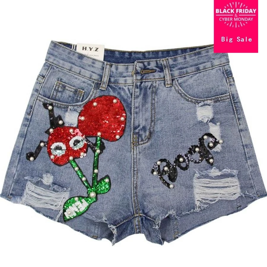 2018 Summer New Korean Sequins Beaded Jean Shorts female Retro Hole ...