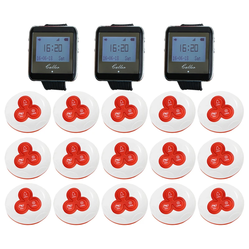 3pcs Watch Pager Receiver+15pcs Call Button 433MHz Wireless Restaurant ...