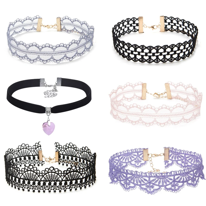 6 Pcs Chokers Set Women Collar Necklace Black Pink Lace Chokers Special ...
