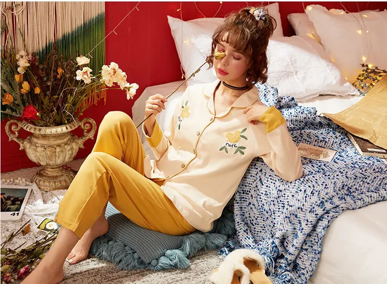 High Quality Fashion Women Home Wear Pajamas 100 Cotton Two Pieces Fall ...