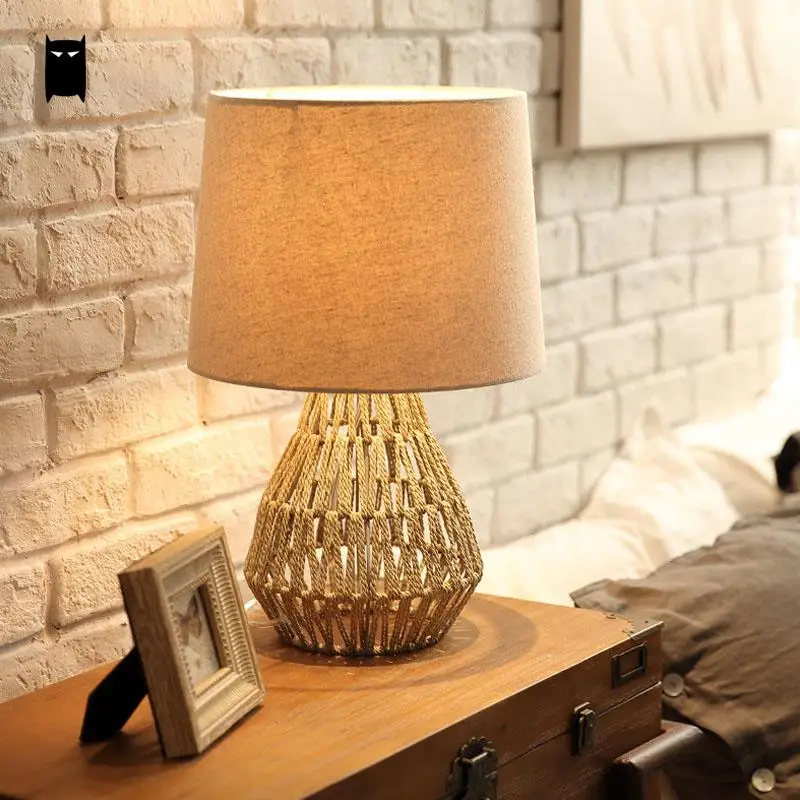 Handmade-Hemp-Rope-Iron-Fabric-Shade-Table-Lamp-Fixture-Nordic-Vintage ...