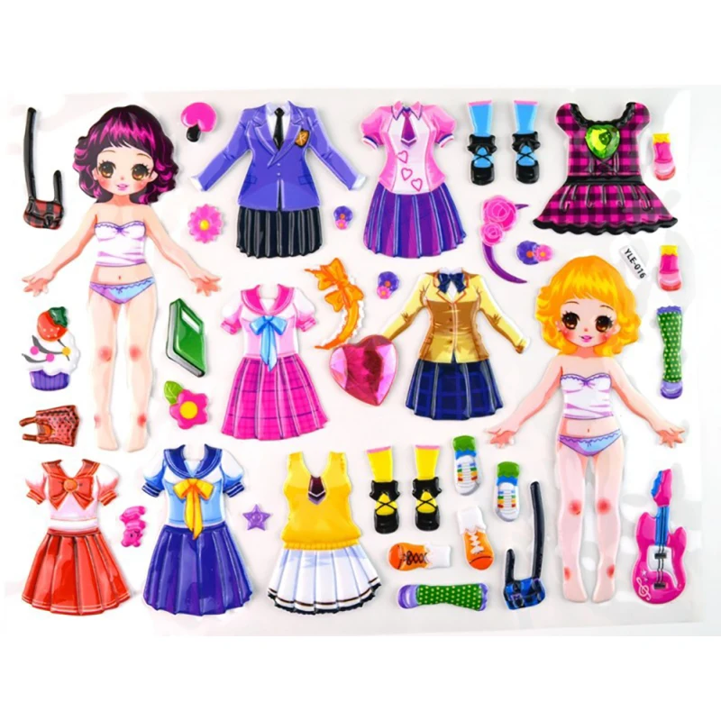 מדבקות קיר - 3D Cartoon Girl Dress Up Sticker DIY Cosplay Bubble ...