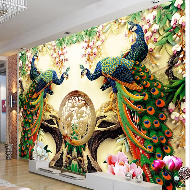 Kínai Stílusú Klasszikus Páva Zöld Ágak 3D Természet Háttérkép Nappali ...