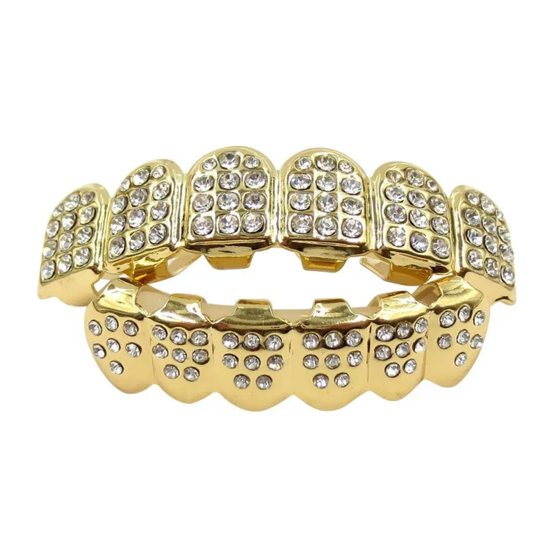 14K Gouden Tanden Verzilverd Met Diamant Tanden Grillz Top Bottom Iced ...