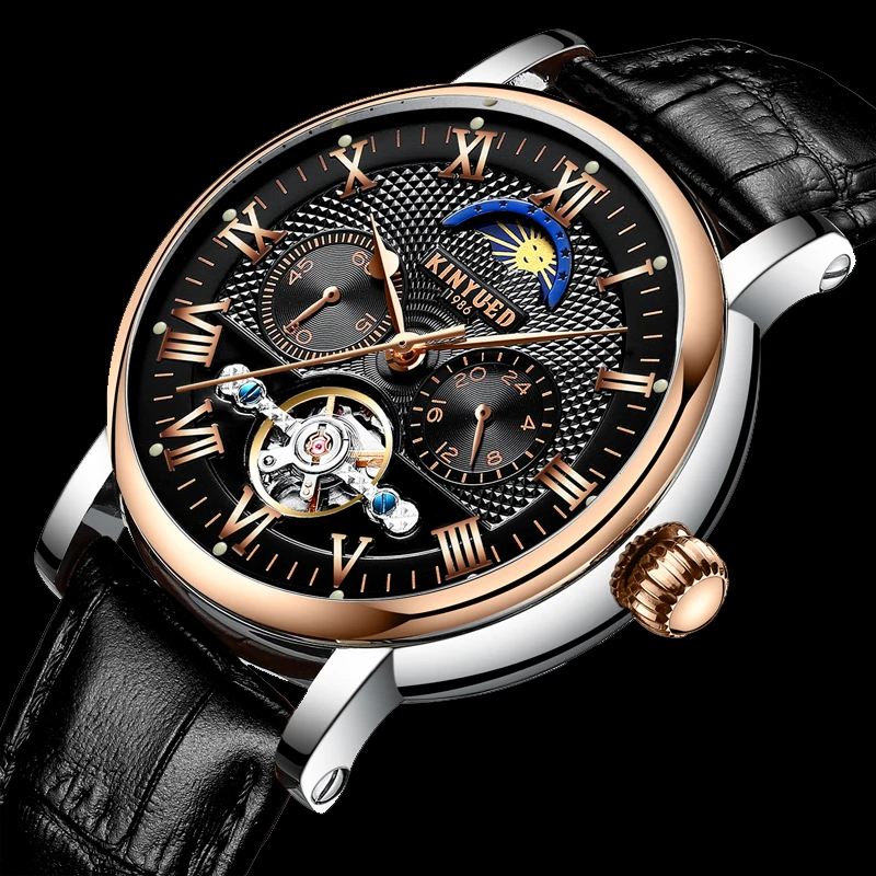 KINYUED Moon Phase Automatic Watch Men Skeleton Mechanical Mens Watches ...