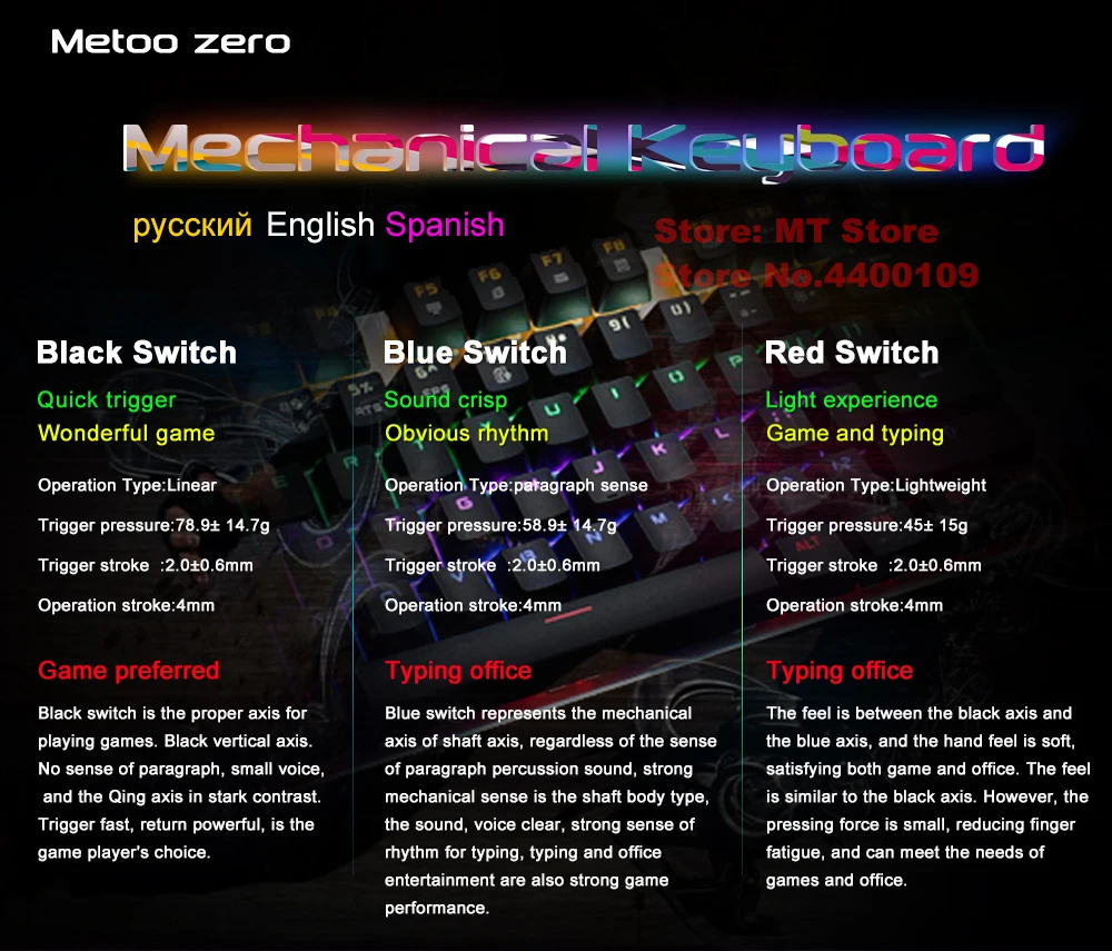Metoo ZERO игровая механическая клавиатура испанский/русский/французский/английский Многоязычная ...