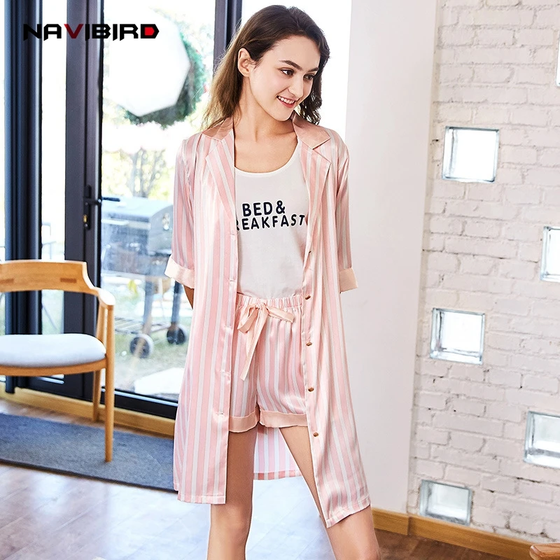 Summer Womens Imitation Silk Pajama Sets 2018 Pink Striped Sexy Sleep