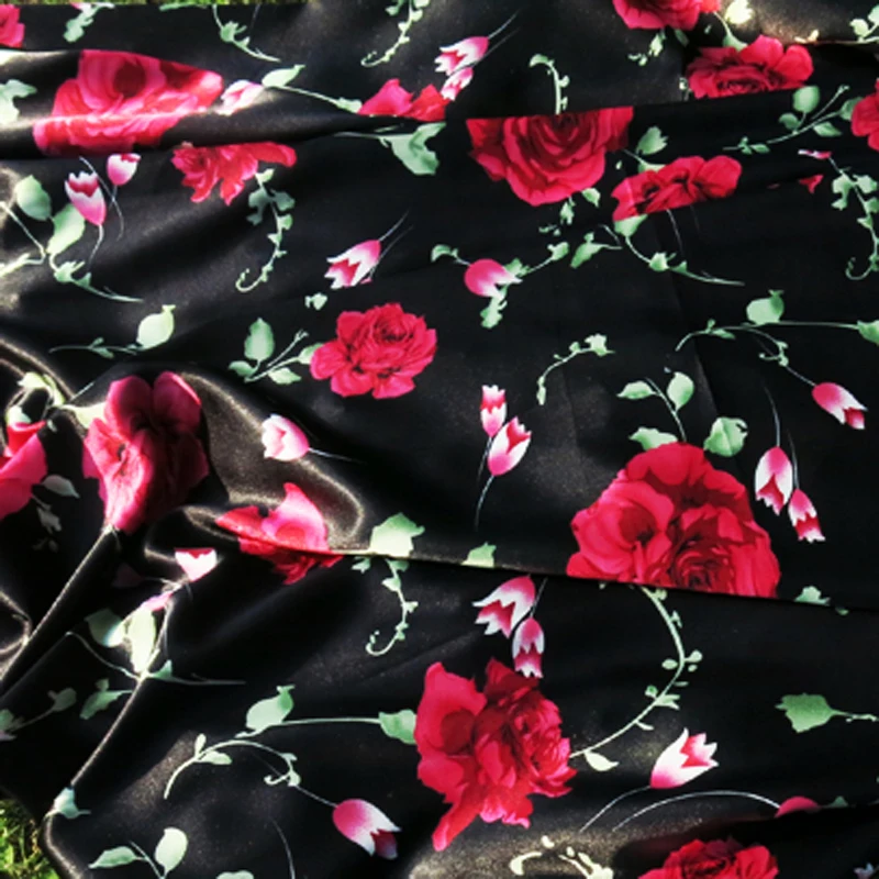 fashion Black Rose Satin clothing material Roses evening wear Fabric ...