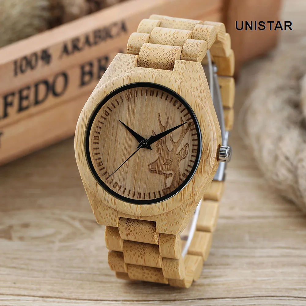 UNISTARหรูหราธรรมชาติไม้น่ารักกวางหัวธีมนาฬิกาควอทซ์ที่มีไม้ไผ่สายวัน ...