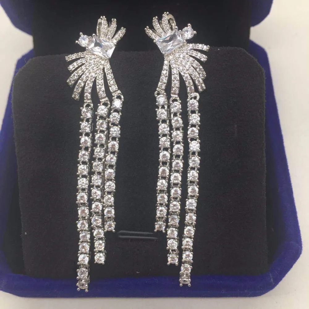 Luxury Elegant Aaa Cubic Zirconia Bow Tie Long Tassel Drop Earring For