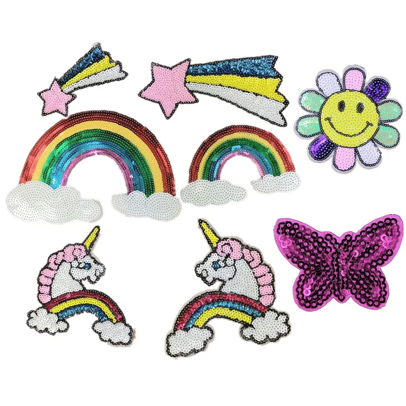 1PC Sequin Beads Patches Appliques Embroidered Unicorn Rainbow Butterfly Smile Face Sequined ...