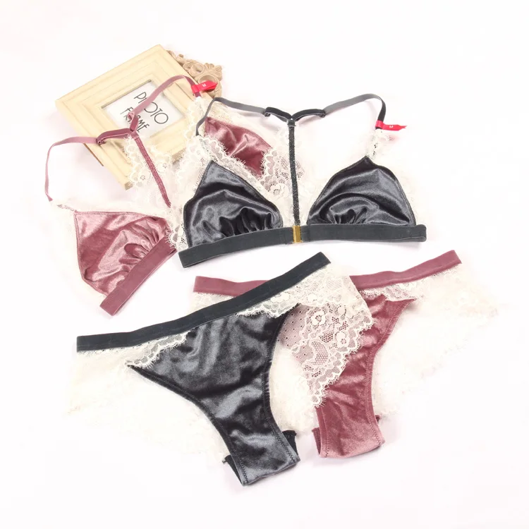 ABC Cups women Sexy Lace front button Wireless fur lash Bra Sets ...