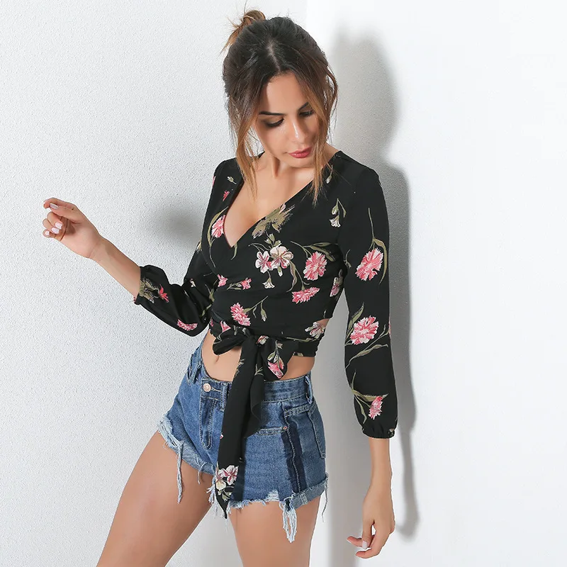 New Sexy Deep V Neck Lace Up Shirts Fashion Flowers Printed Long Sleeve