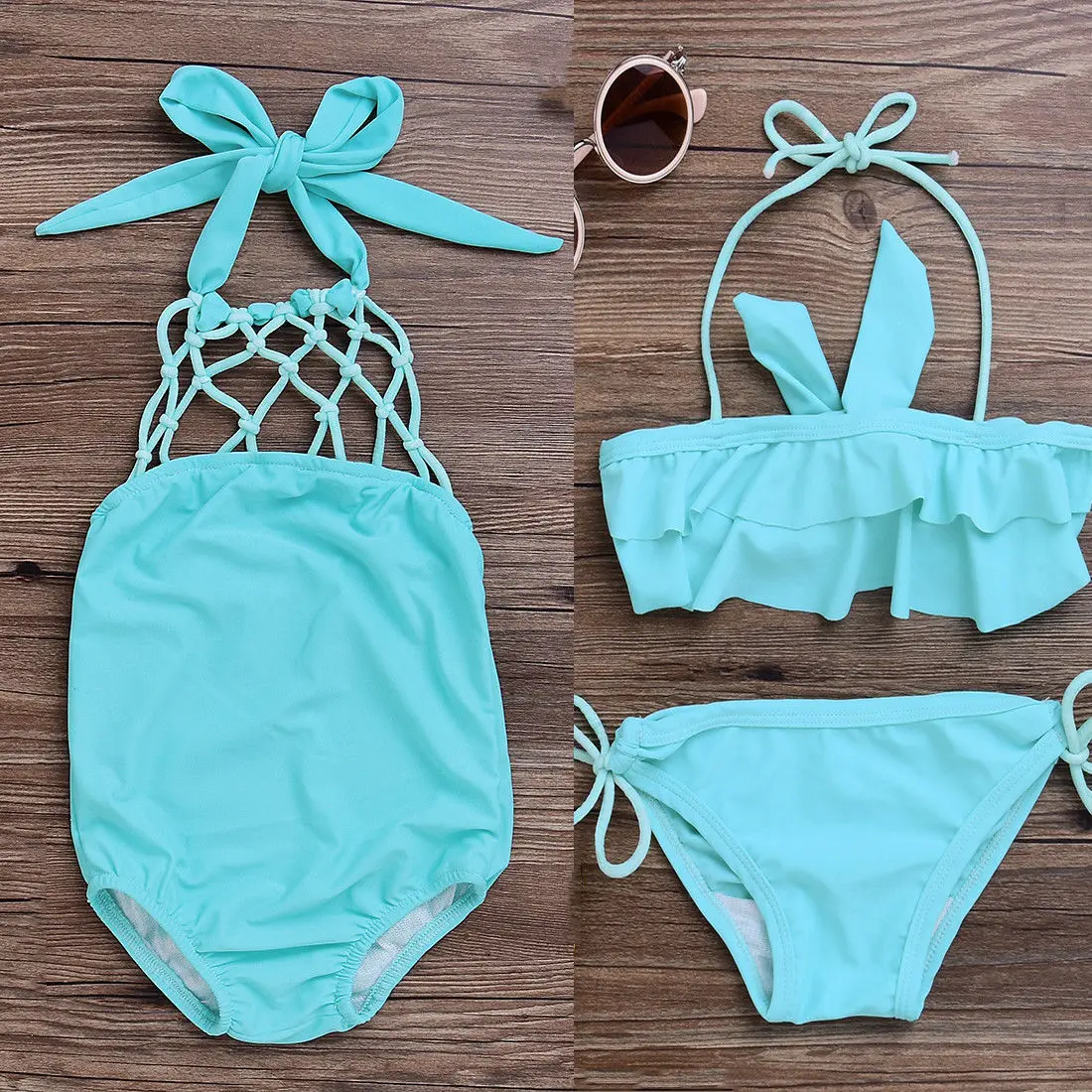 2017 Blue Kids Baby Girls Sky Blue Tankini Bikini Set Swimwear Swimsuit ...