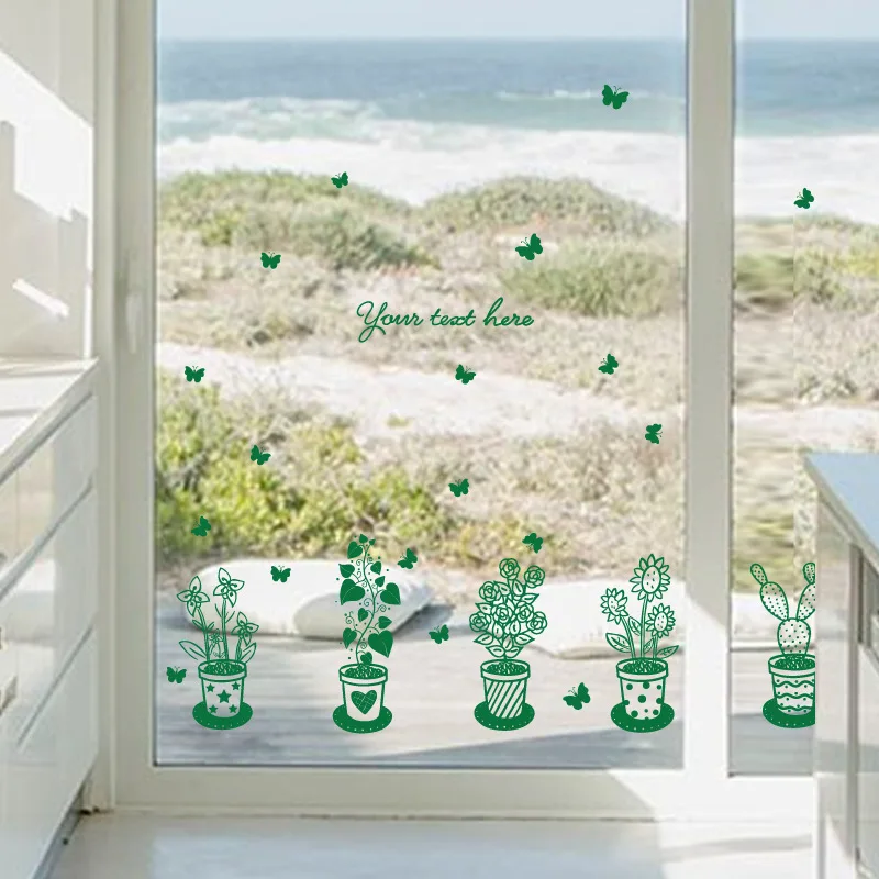 pure green flower pots plants wall stickers house backdrop home decor ...
