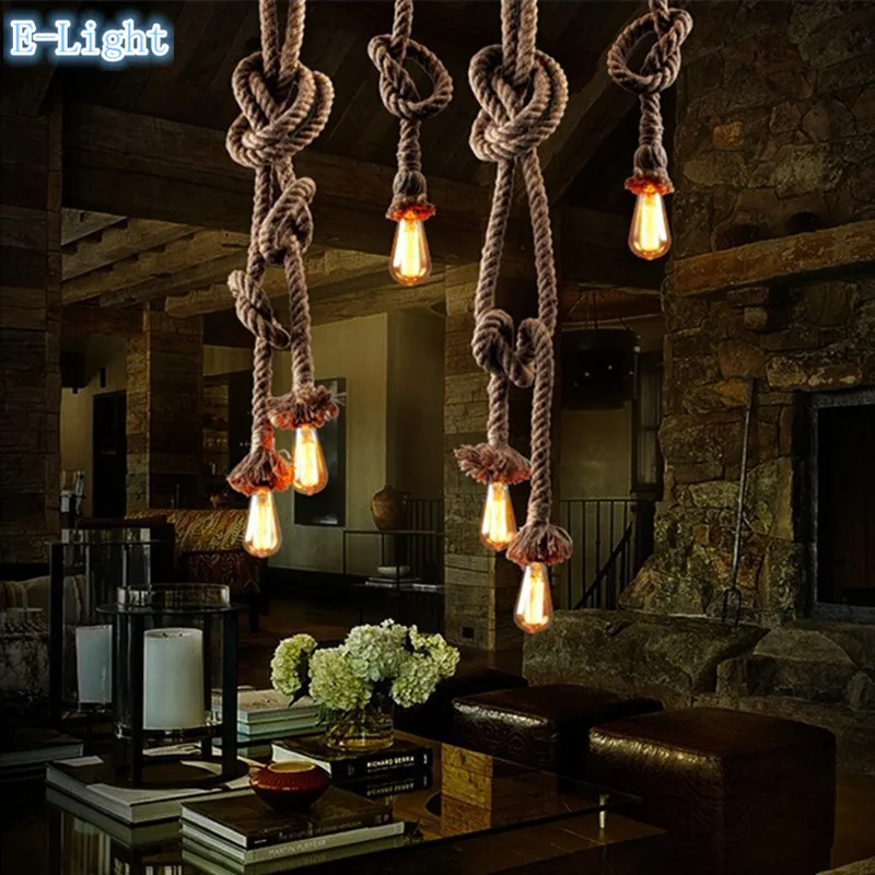 Single / 2 Bulb Creative Personality Rope Pendant Lights Vintage ...